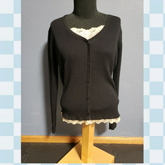 Tops | Twofer Black And Tan Lace Knit Top | Poshmark